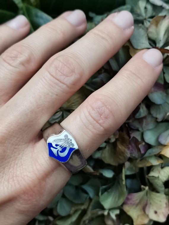 Antique German Silver Enamel Harp Signet Ring, US Siz… - Gem