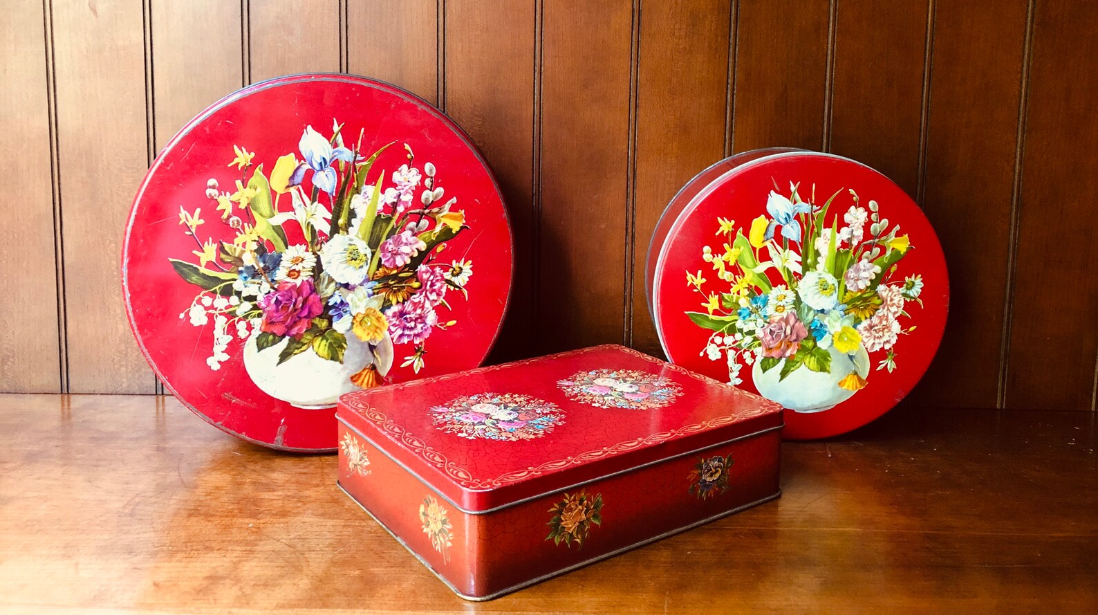 Vintage Red Floral Tins Collection of 3 Vintage Tins Farmhouse | Etsy
