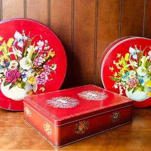 Vintage Red Floral Tins Collection of 3 Vintage Tins Farmhouse Decor ...