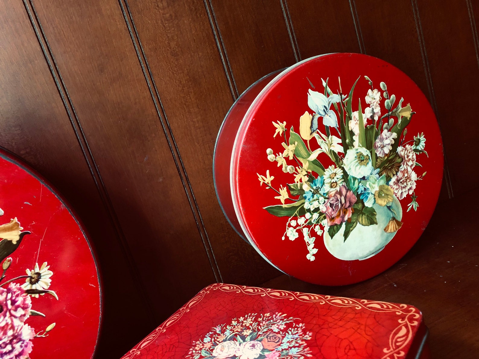Vintage Red Floral Tins Collection of 3 Vintage Tins Farmhouse | Etsy