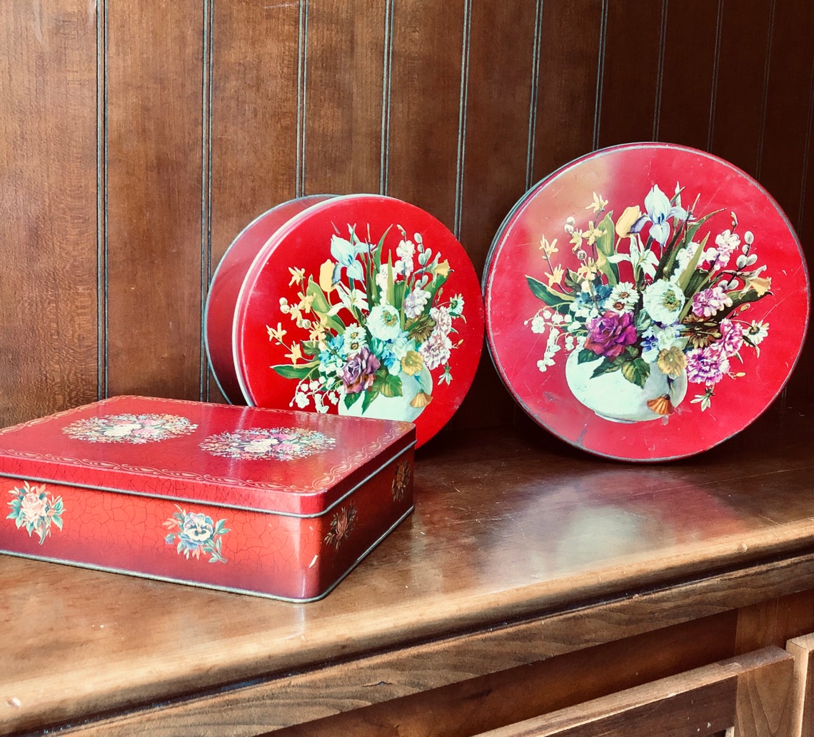 Vintage Red Floral Tins Collection of 3 Vintage Tins Farmhouse | Etsy