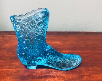 Blue Glass Boot Fenton Glass Daisy Button Pattern Collectible Figurine ...