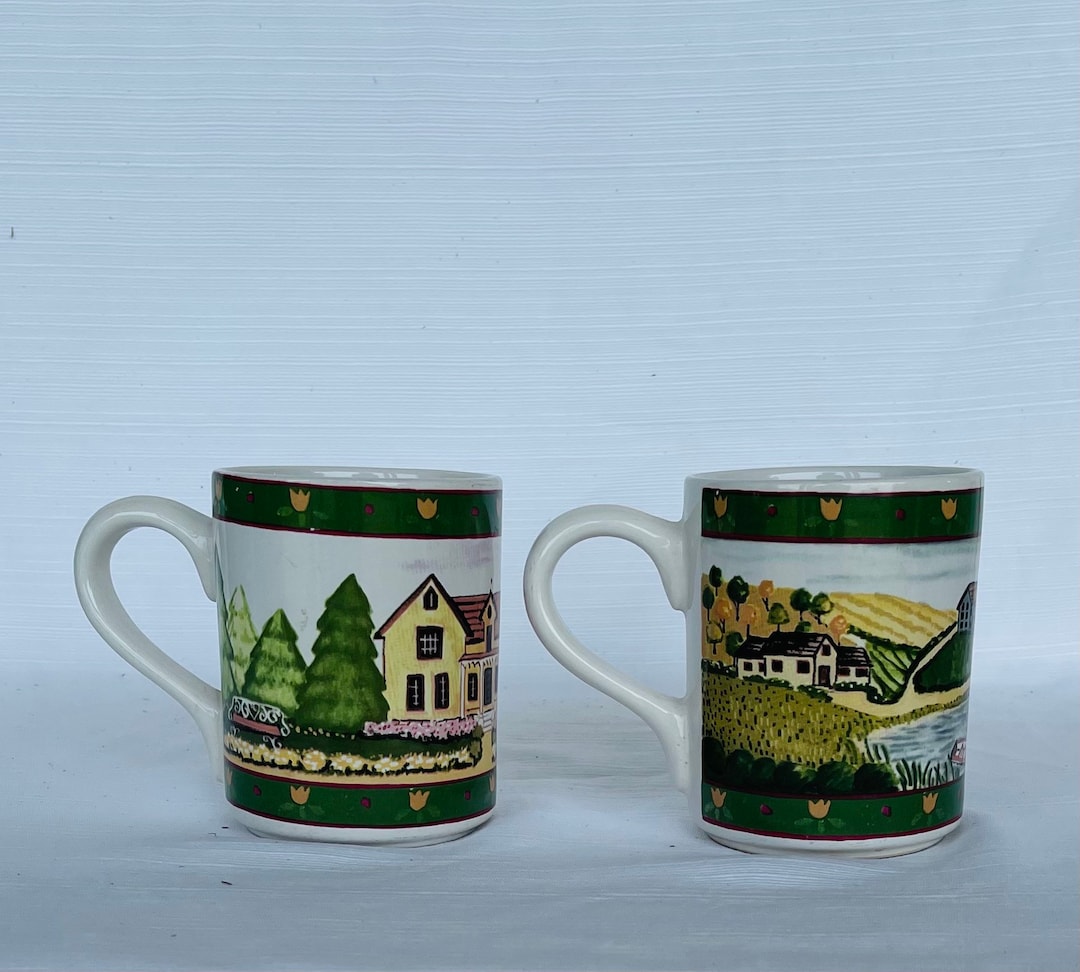 Pair of Graphic Design Coffee Mugs/ Vintage Coffee Mugs/12 Ounce Mugs ...