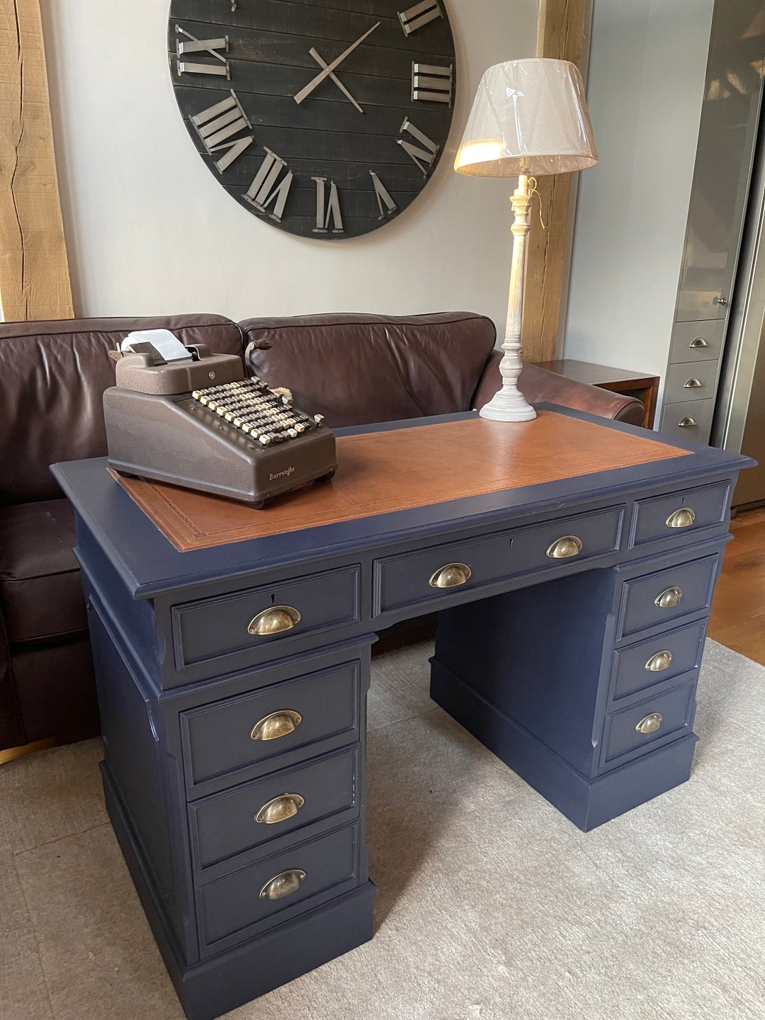 Vintage Navy Desk With Tan Leather Top - Etsy UK