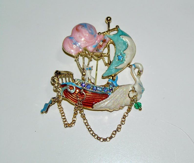 Whimsical Enameled Ship Brooch, Pastel Colors, Swan, Cat, Balloons - Etsy