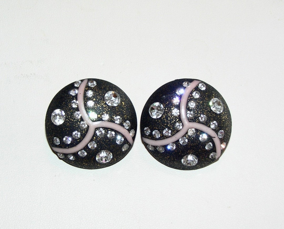 1940s Celluloid Rhinestone Earrings, Pink Spatter on Black - Etsy
