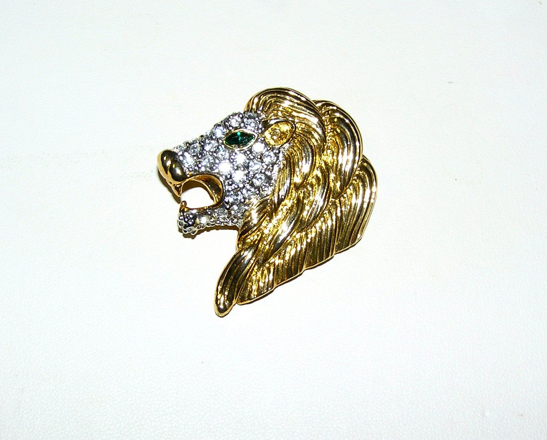 Vintage Growling Lion Brooch/pin With Pave Set Face, Large Gold Tone ...