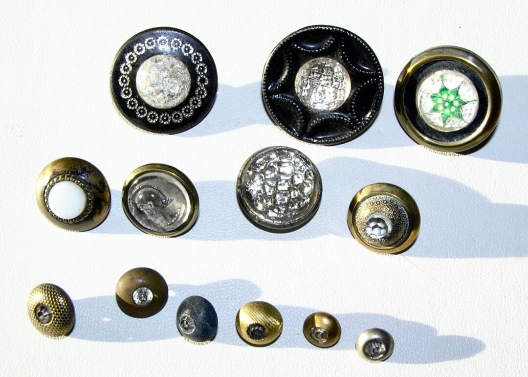 Lot of Thirteen Buttons: Glass Mounted in Metal - Variation in Size ...