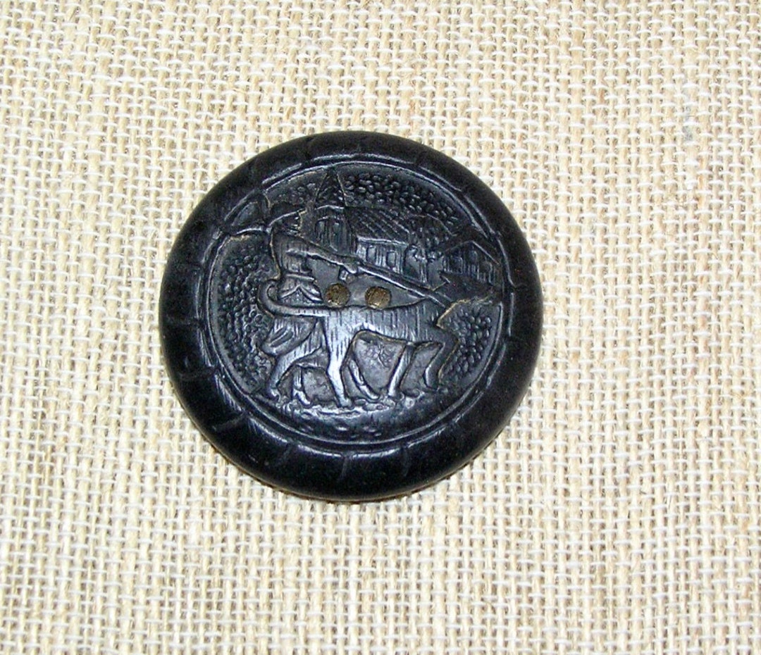 Vintage Large Dyed Black Burwood Button With Impressed City Scene and ...
