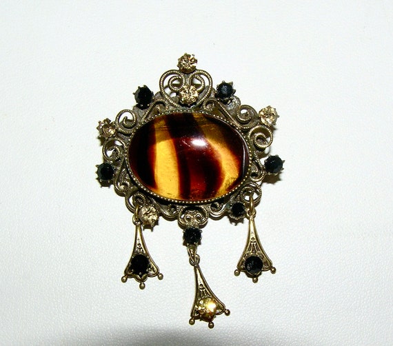 Vintage ORIGINAL by ROBERT Imitation Tortoiseshell Pin Brooch With Filigree Setting and Rhinestone Set Dangles Etsy