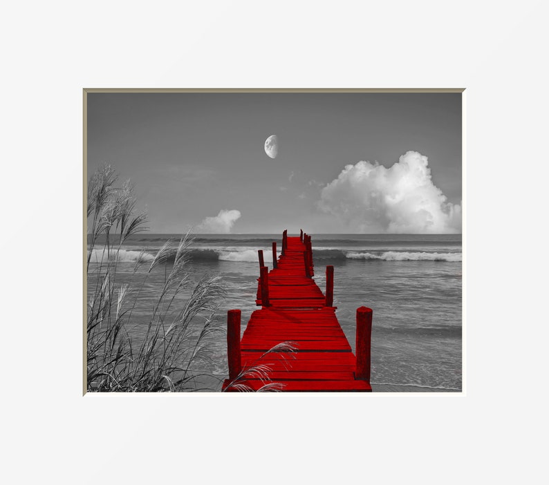 Black White Red Beach Pier Decor Red Bathroom Bedroom Ocean - Etsy