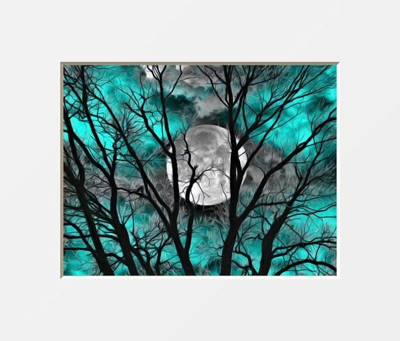Teal Wall Art Picture Tree Moon Decor Teal Modern Bedroom - Etsy