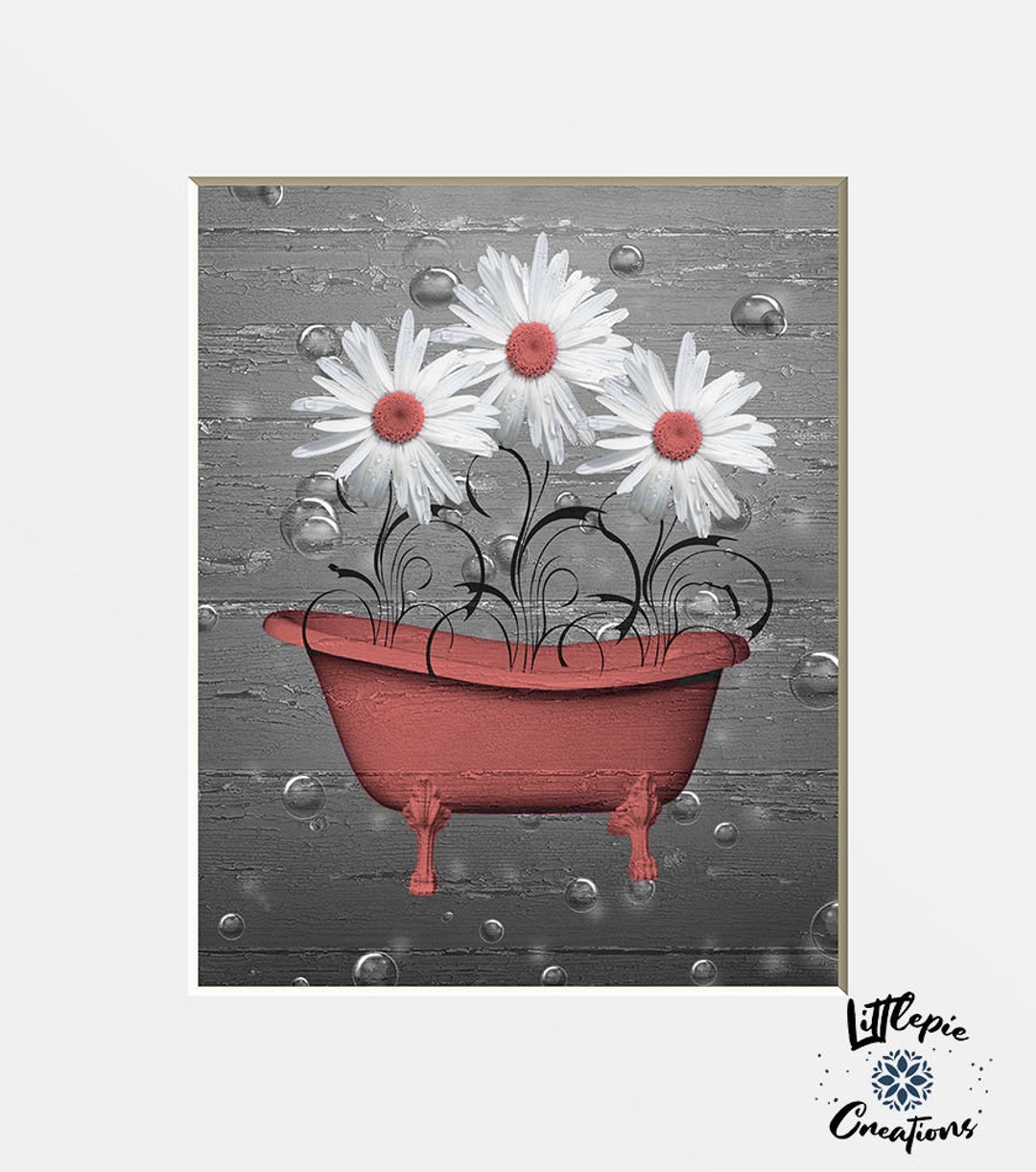 Farmhouse Rustic Bathroom Wall Decor, Daisy's in Tub, Coral Home Decor ...
