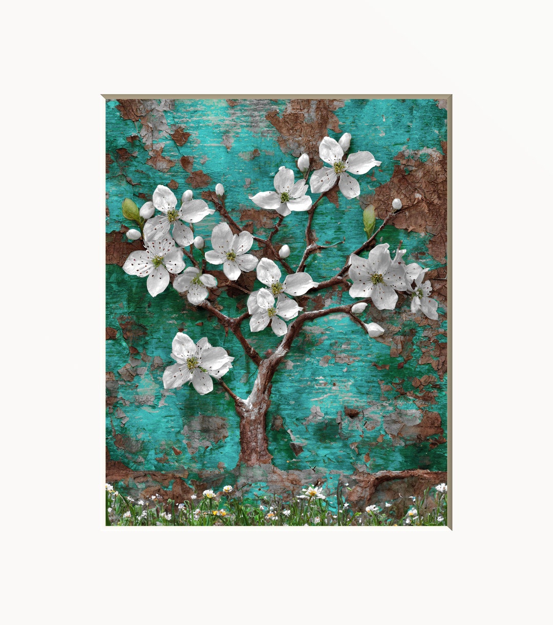Teal Brown Rustic Home Decor Wall Pictures, Flowering Tree, Teal Wall ...