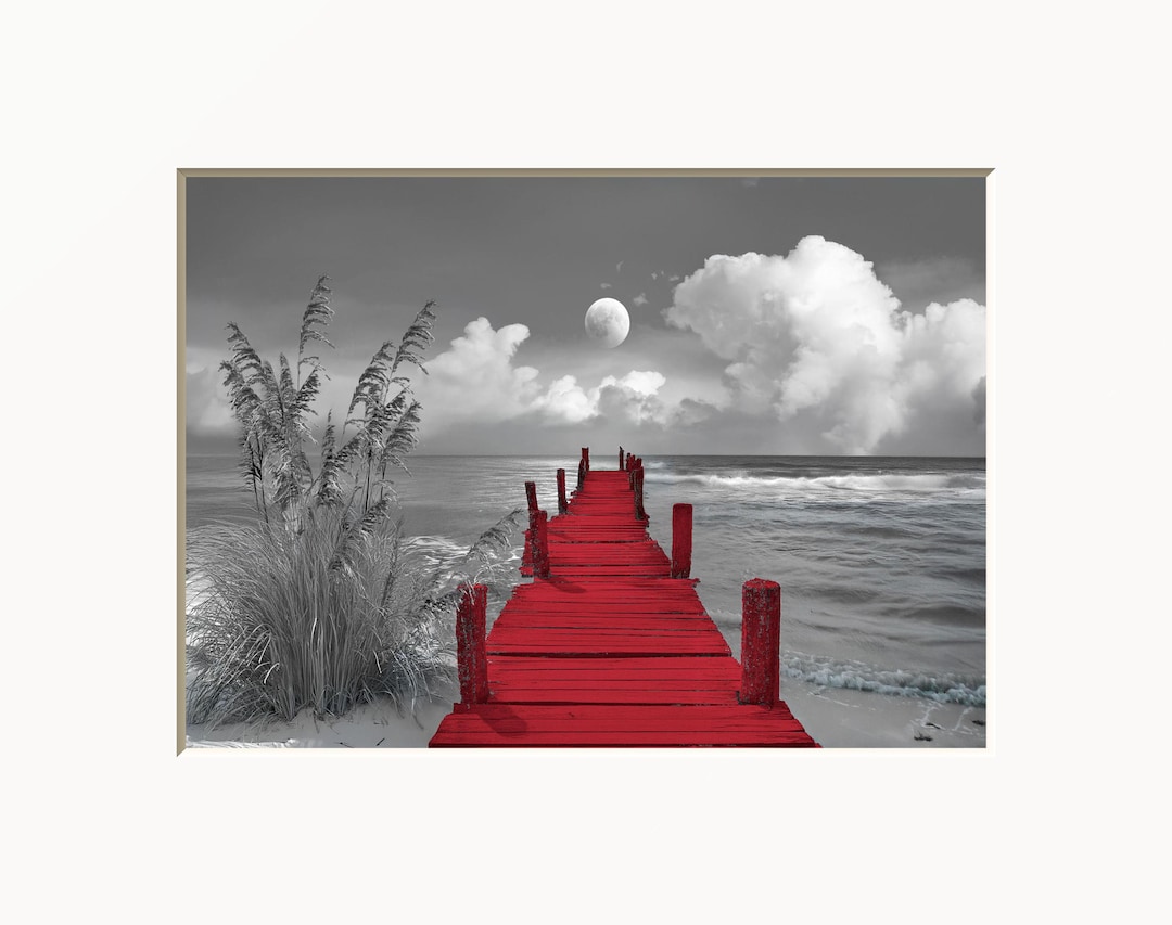 Red Pier Ocean Print: Matted Modern Artwork for Bedroom or Bathroom ...