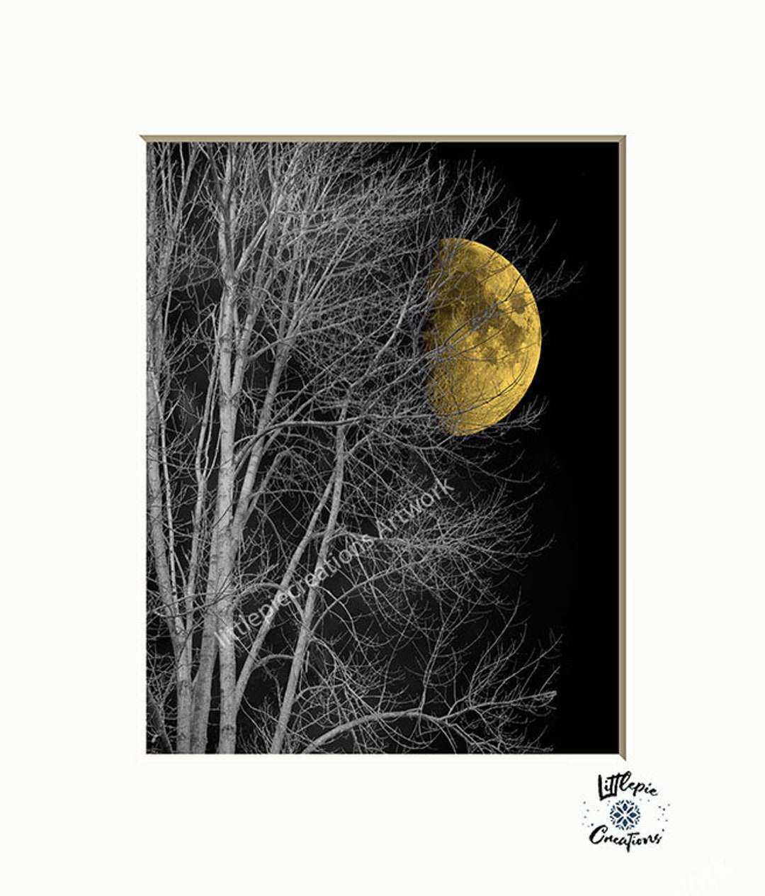 Black White Yellow Tree Moon Pop of Yellow Bedroom Living Room Matted ...