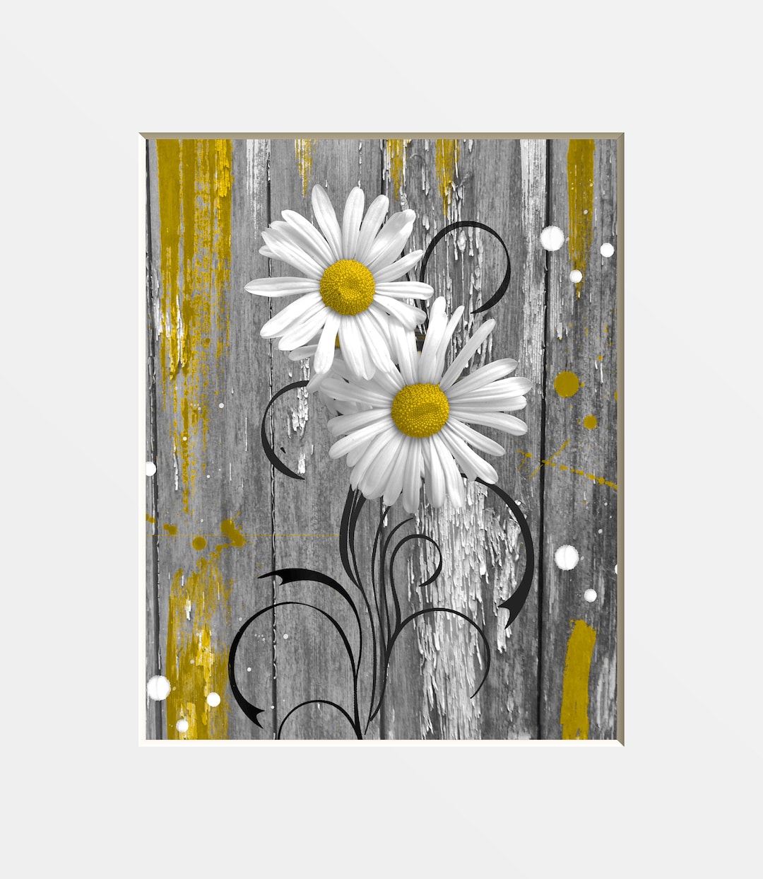 Yellow Wall Art, Rustic Daisy Flower Bedroom, Bathroom, Kitchen Matted ...