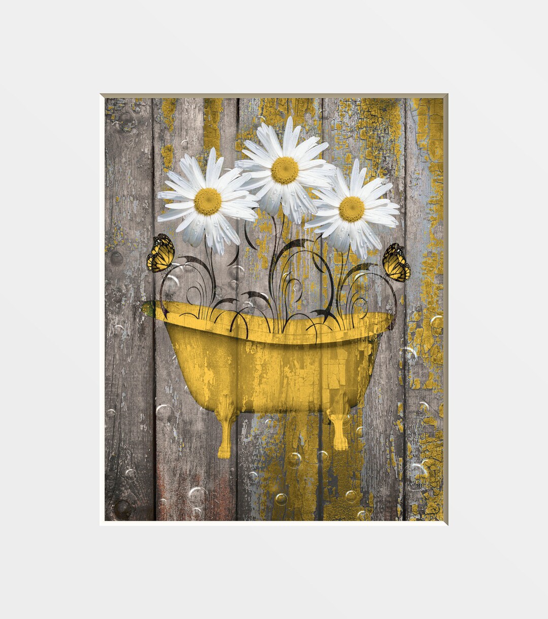 Yellow Daisy Flowers, Rustic, Country Farmhouse Bathroom Wall Art ...