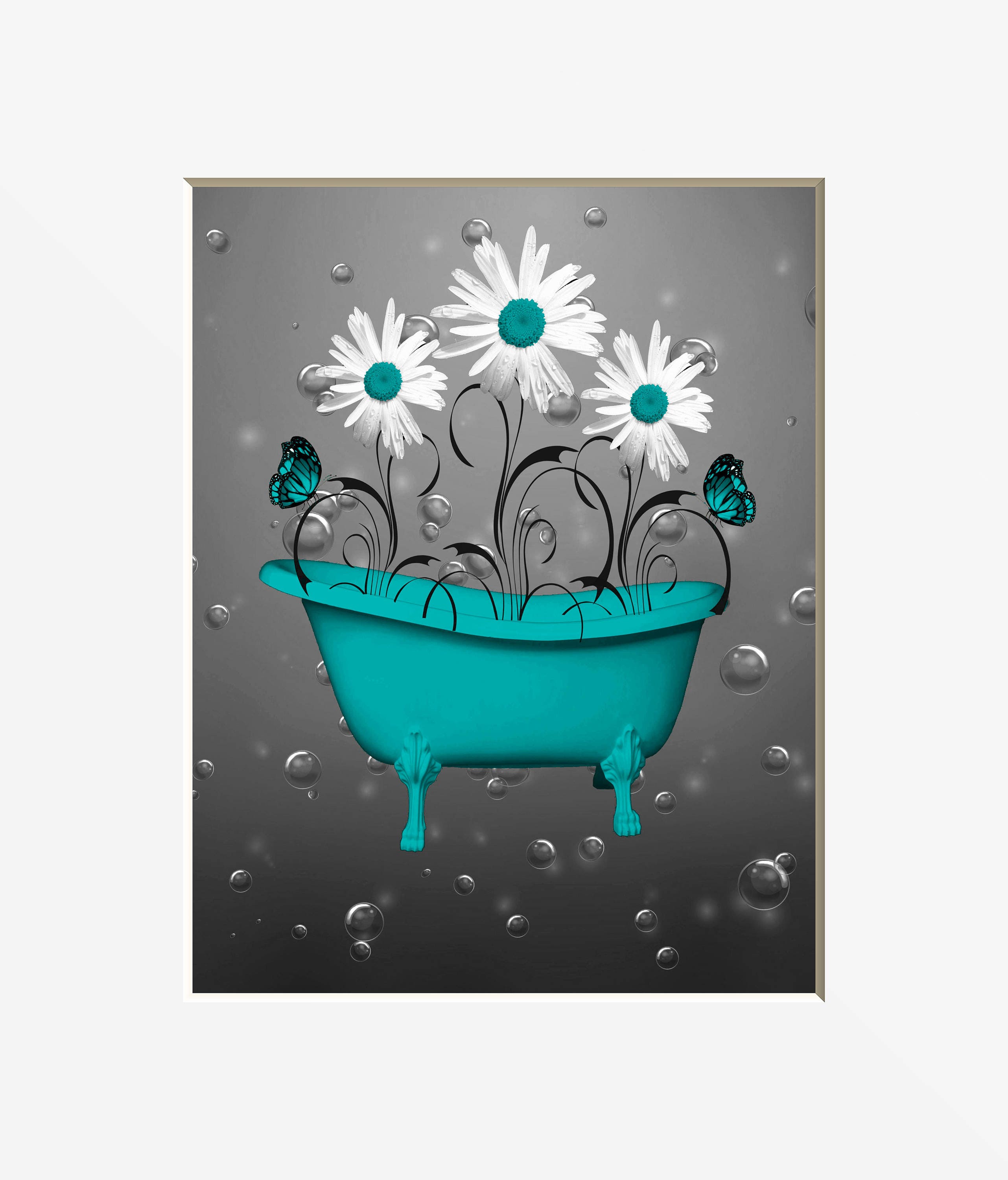 Teal Gray Wall Pictures Teal Bathroom Decor Teal Daisy Flowers Bubbles Bath Home Decor Matted Picture Etsy