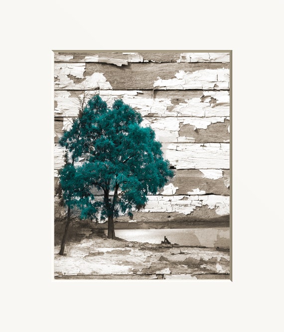 Teal Brown Rustic Wall Art Tree Lake Landscape Teal Pictures - Etsy