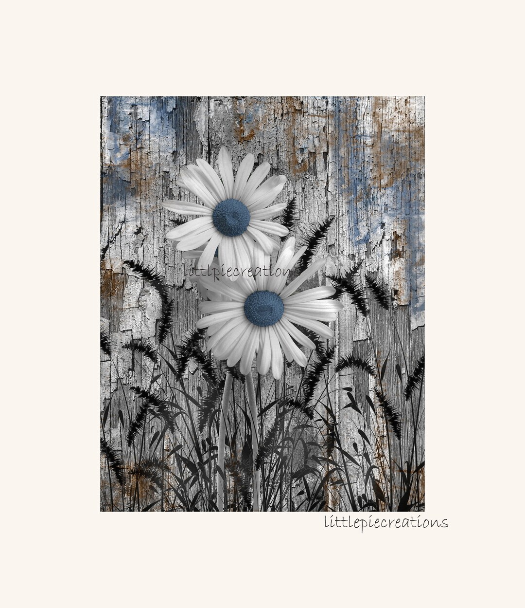 Rustic Brown Blue Daisy Flowers Photography Bedroom Bathroom Artwork ...