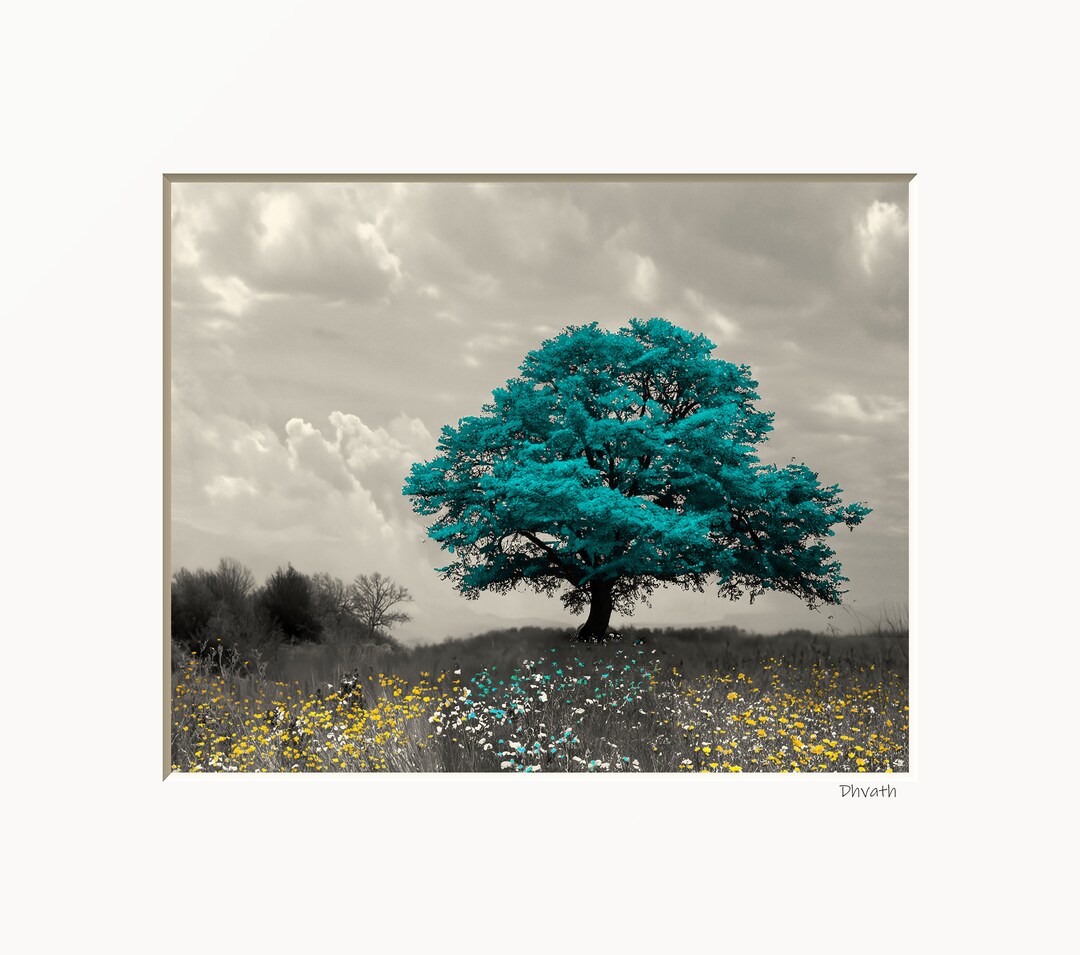Teal Brown Wall Art, Teal Wall Prints, Teal Tree Wildflowers Landscape ...