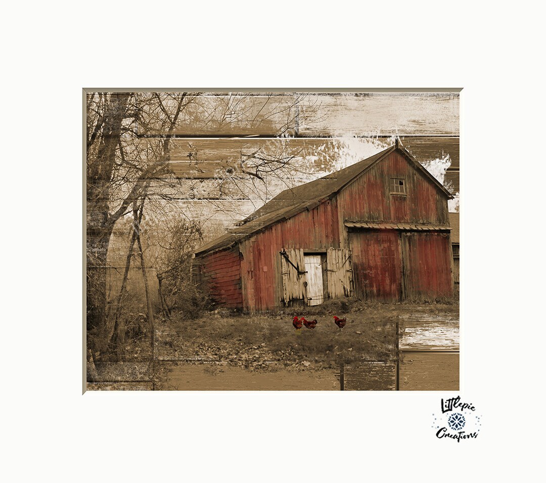Rustic Red Barn Chicken Farmhouse Country Bedroom Bathroom Matted Wall ...