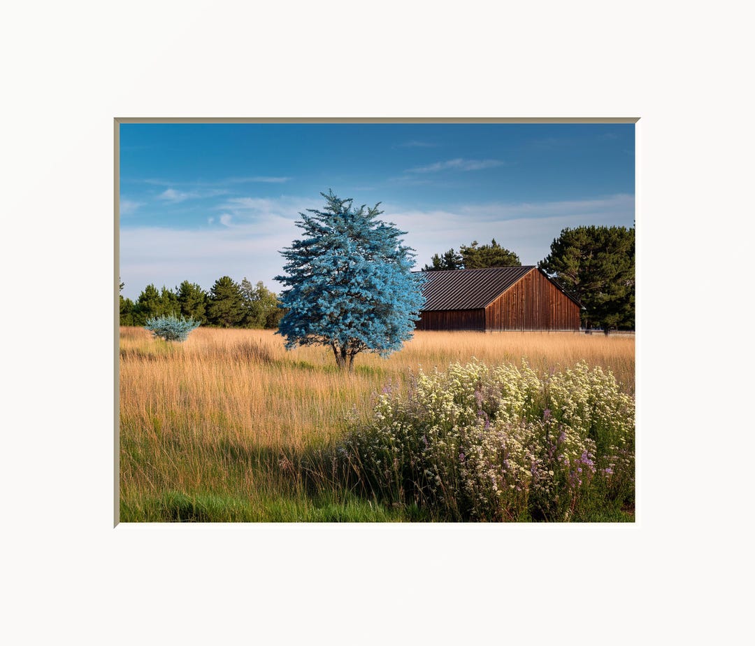 Blue Brown Modern Rustic Decor, Barn Tree Landscape, Country Rustic ...