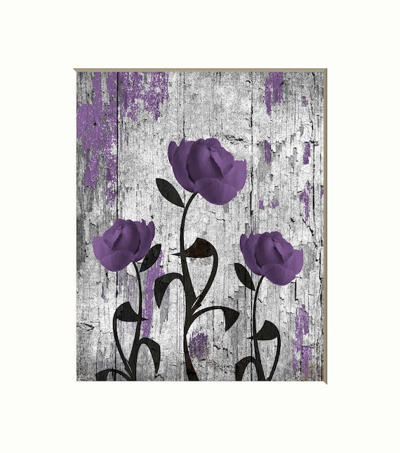 Purple Gray Rustic Modern Home Decor Wall Art Purple Rose - Etsy