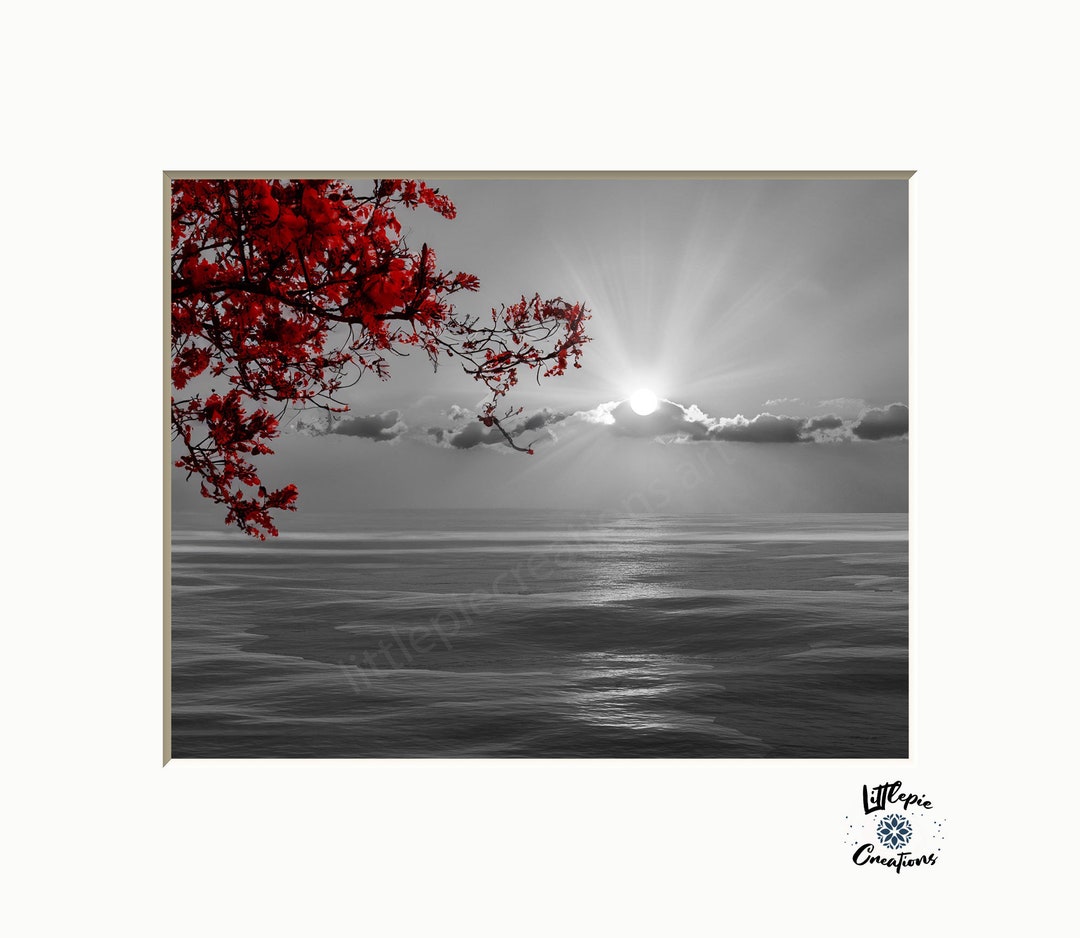 Black White Red Wall Art, Pop of Red Tree Ocean Moon, Red Bathroom ...