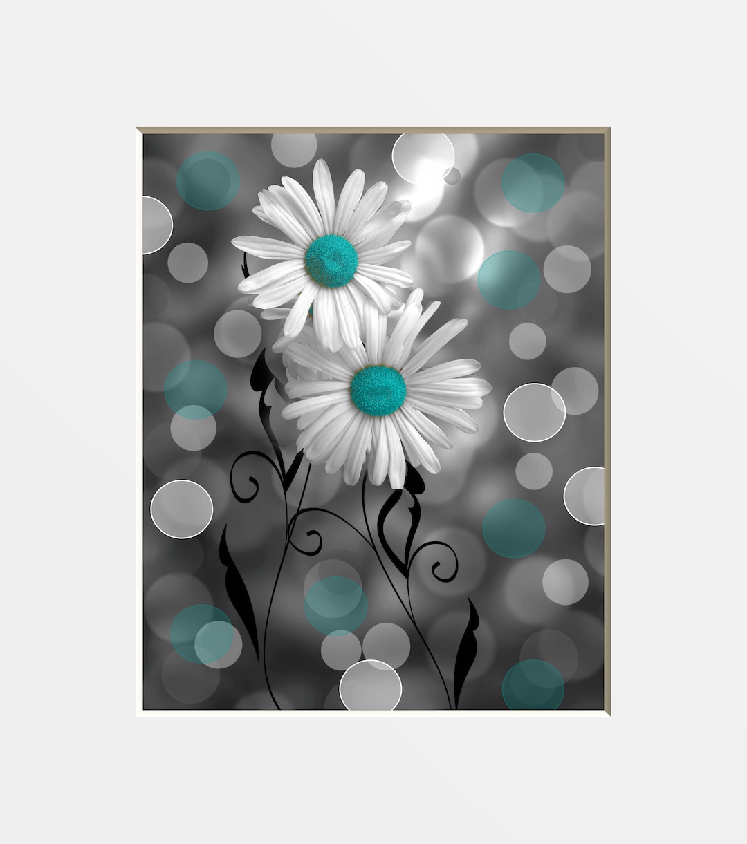 Teal Blue Wall Art, Daisy Flower, Modern Photography Home Decor Matted ...