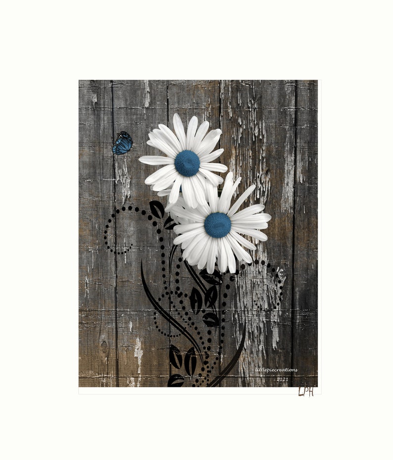 Blue Gray Rustic Farmhouse Daisy Flowers Butterflies Vintage - Etsy
