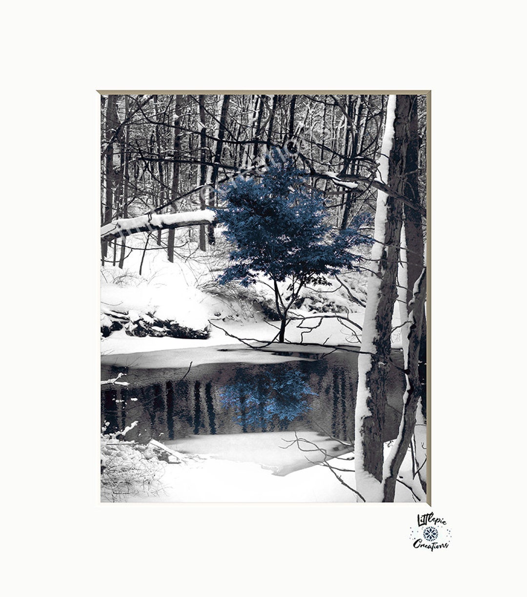 Blue Gray Tree Snowy Creek Wall Art, Pop of Blue, Blue Bedroom Living ...