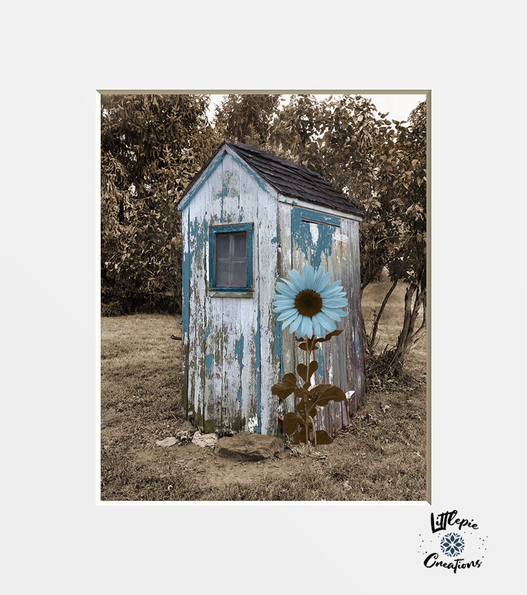 Blue Brown Rustic Modern Farmhouse Outhouse Sunflower Photography ...