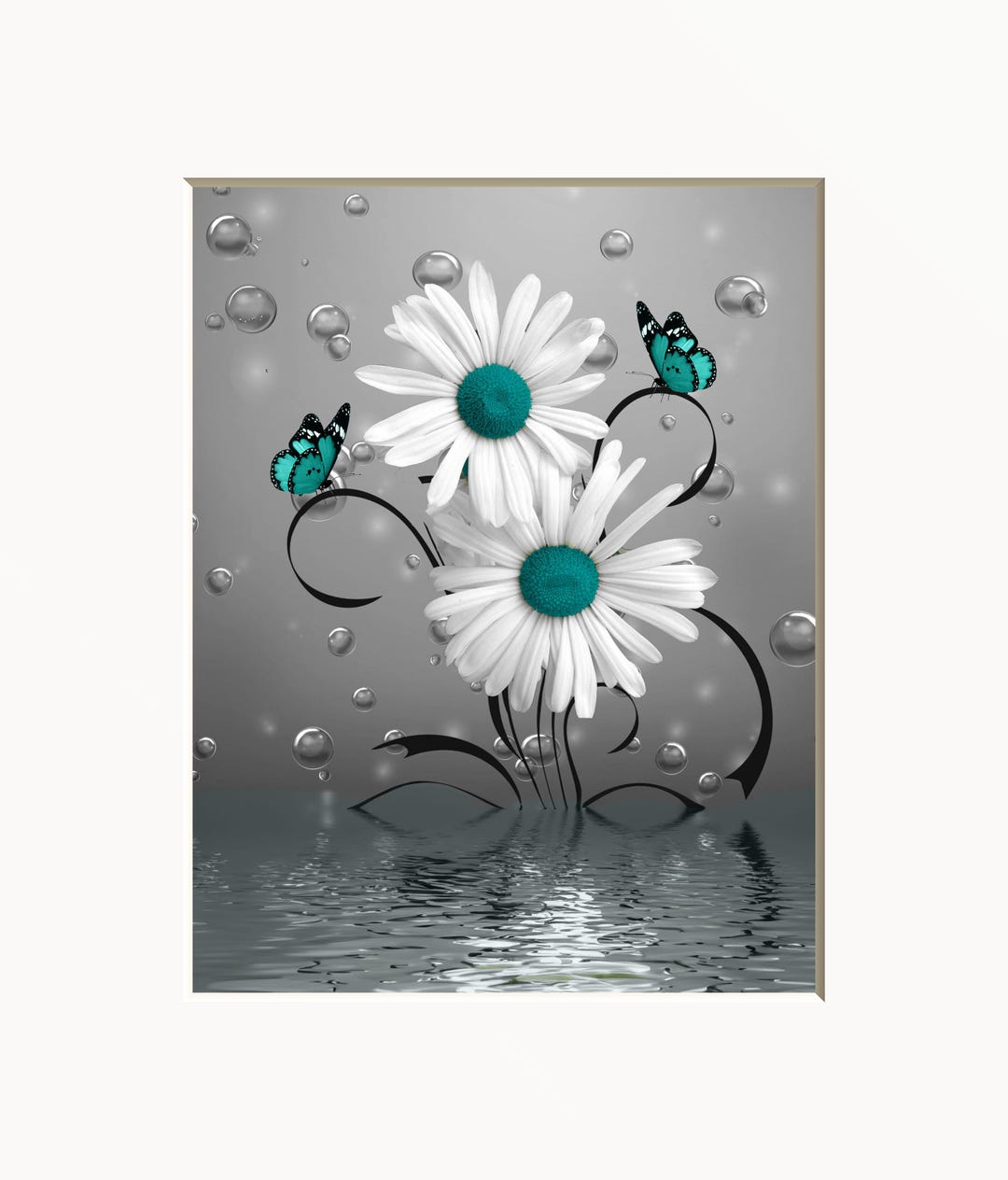 Teal Wall Art, Teal Daisy Butterflies Decor, Teal Gray Matted Wall Art ...