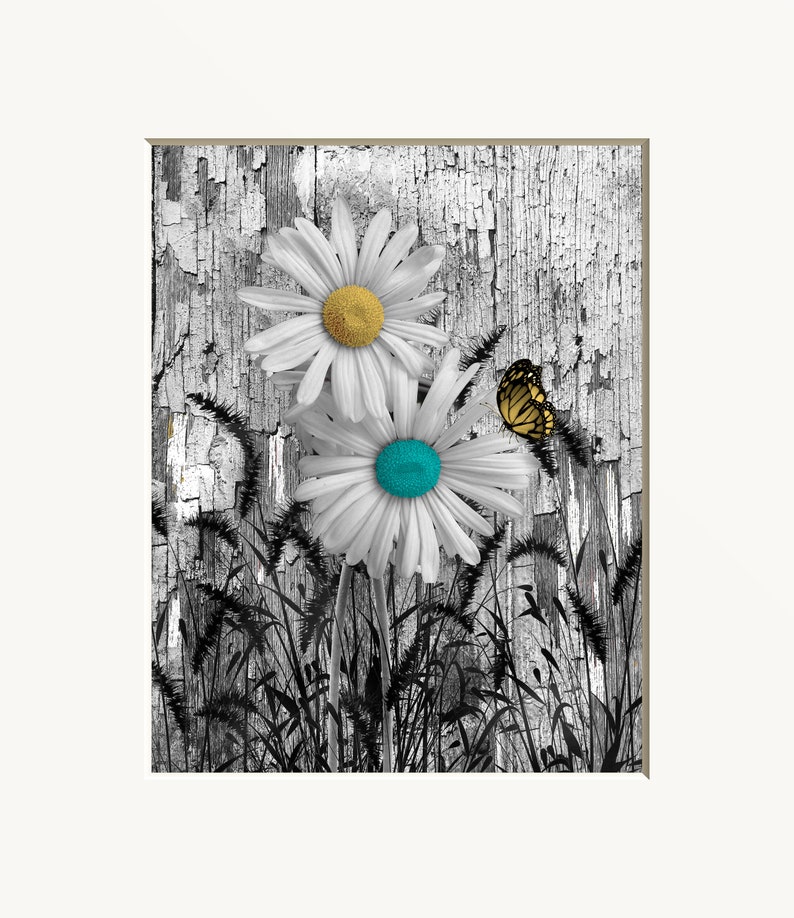 Teal Yellow Daisy Flowers Butterfly Rustic Photography Home - Etsy