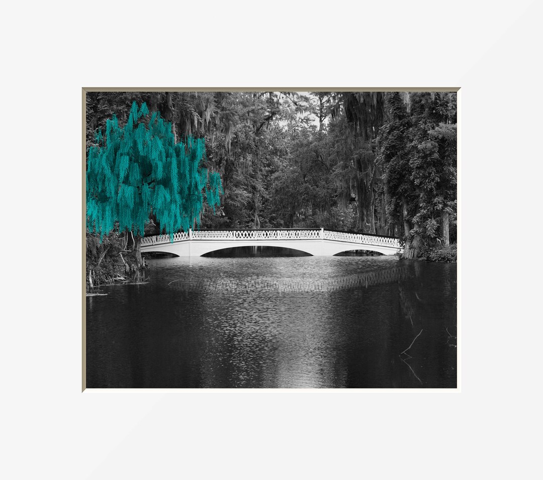 Black White Teal Decor, Tree Bridge Landscape, Teal Gray Pop of Color ...