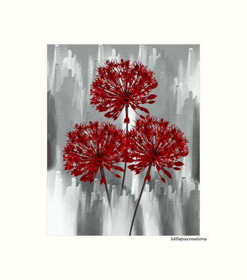 Red Gray Flowers on Tree Branch Moon Red Pop of Color Red - Etsy