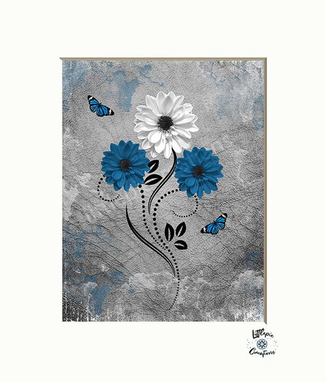 Blue Wall Art, Rustic Flowers, Butterflies, Blue Matted Wall Pictures ...