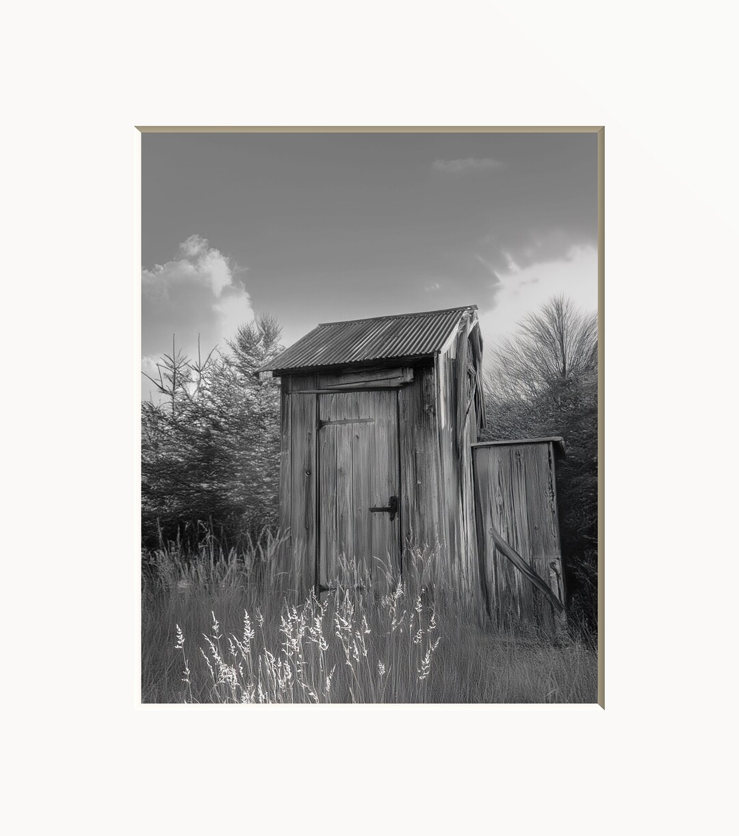 Black and White Outhouse Art: Farmhouse Bathroom Matted Print - Etsy