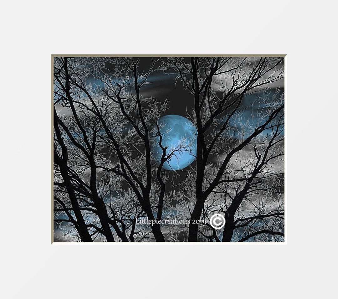 Tree Moon Art Print, Blue Bedroom Bathroom Wall Decor, Matted - Etsy
