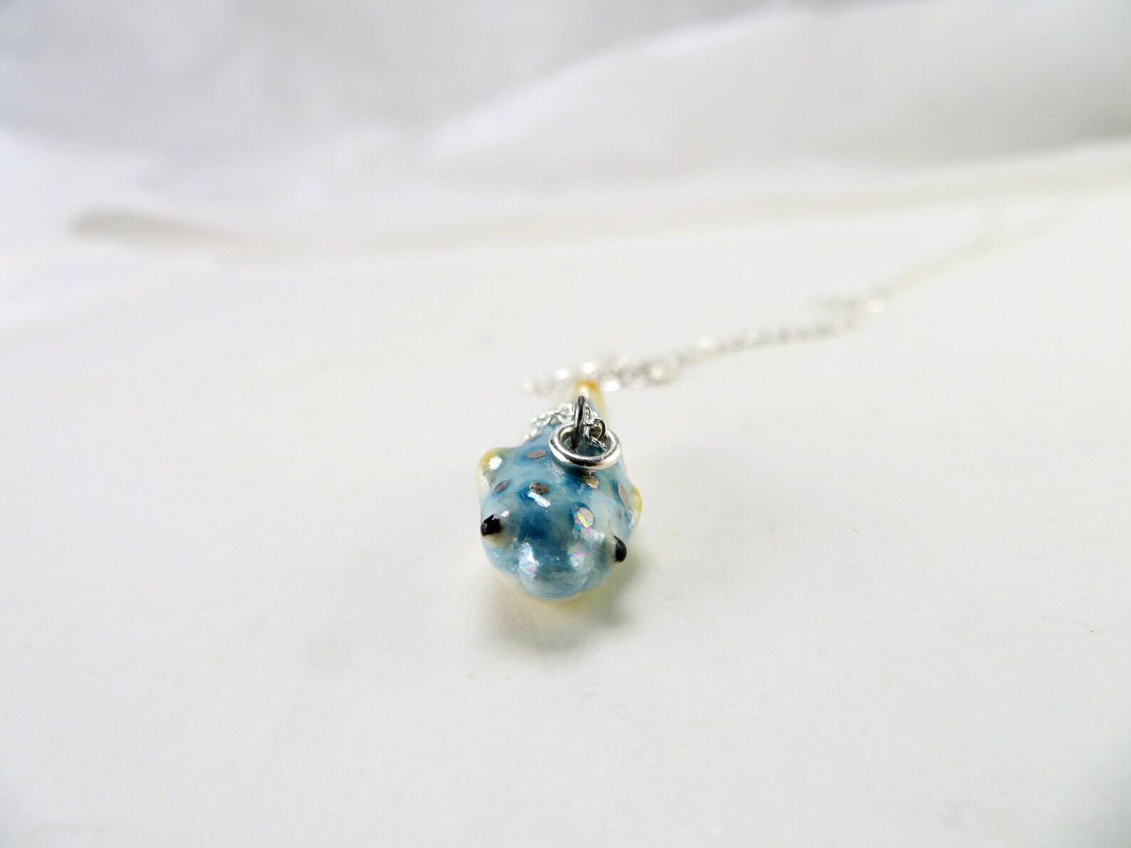 Tiny Puffer Fish Necklace, Blue Fish Charm, Ocean Lover Gift, Ceramic ...
