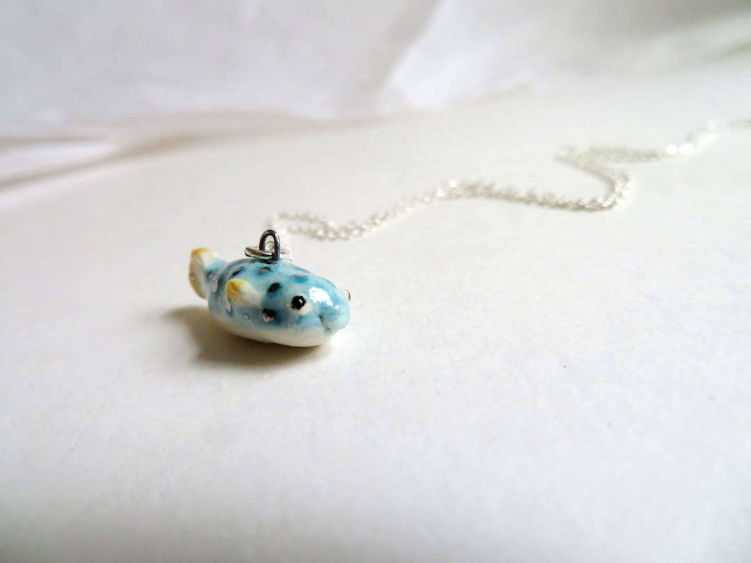 Tiny Puffer Fish Necklace, Blue Fish Charm, Ocean Lover Gift, Ceramic ...