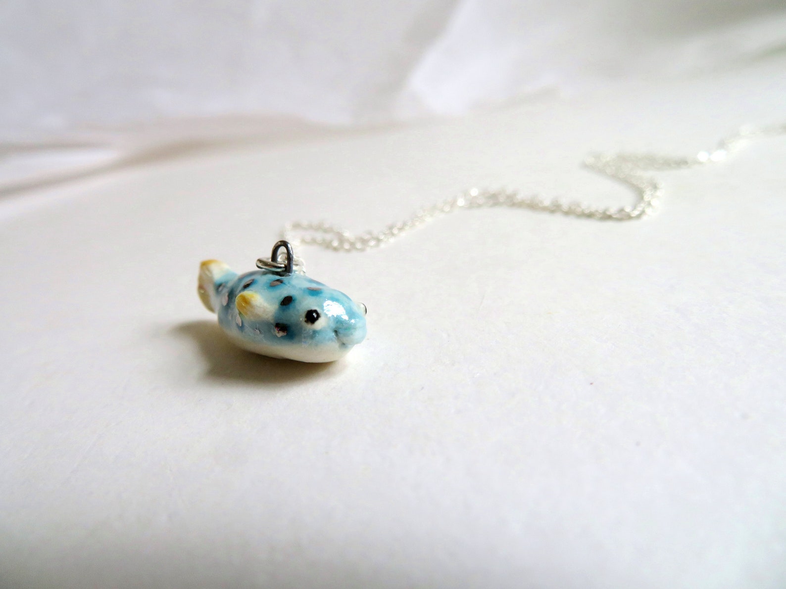 Tiny Puffer Fish Necklace, Blue Fish Charm, Ocean Lover Gift, Ceramic ...