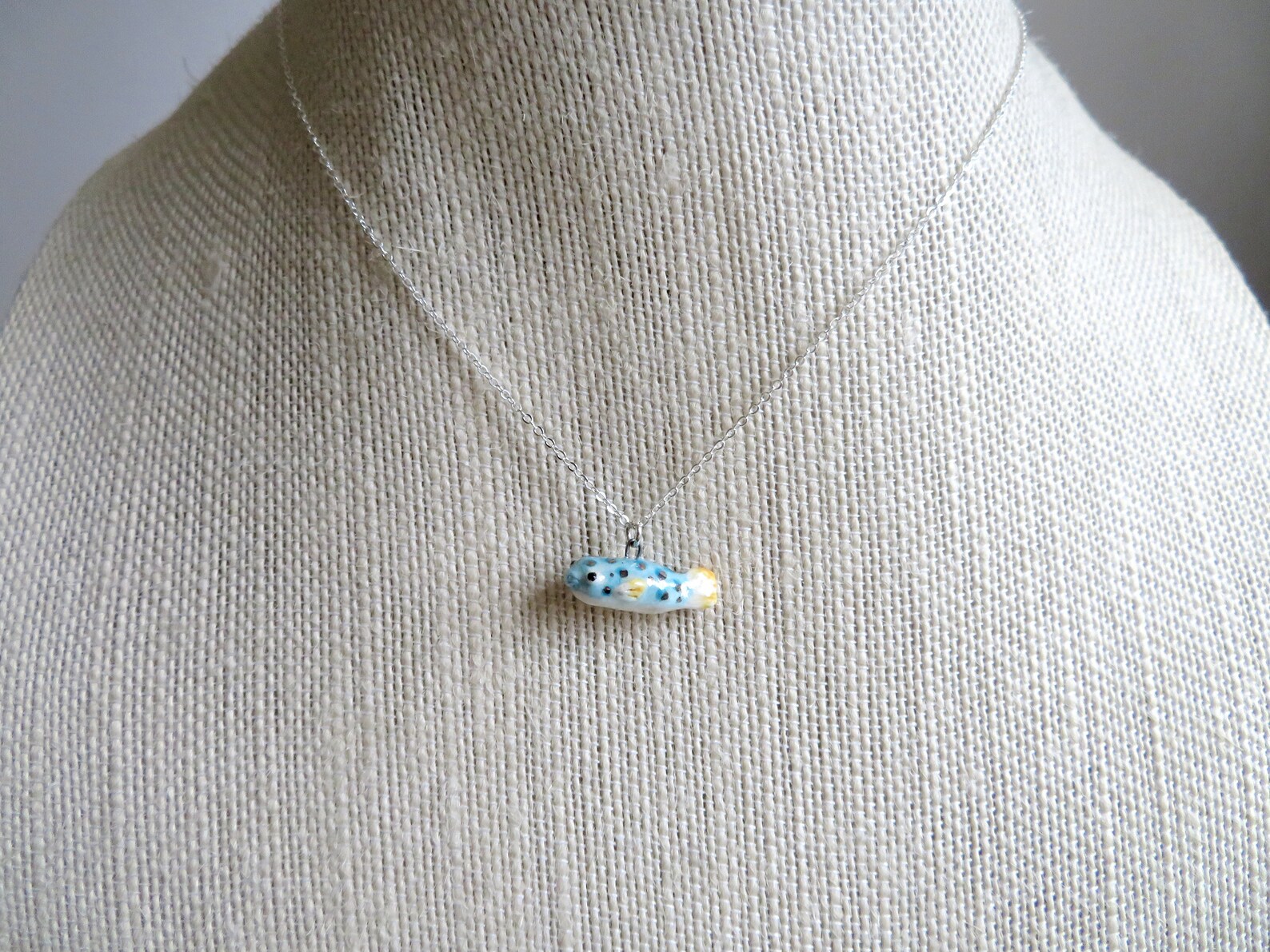 Tiny Puffer Fish Necklace, Blue Fish Charm, Ocean Lover Gift, Ceramic ...