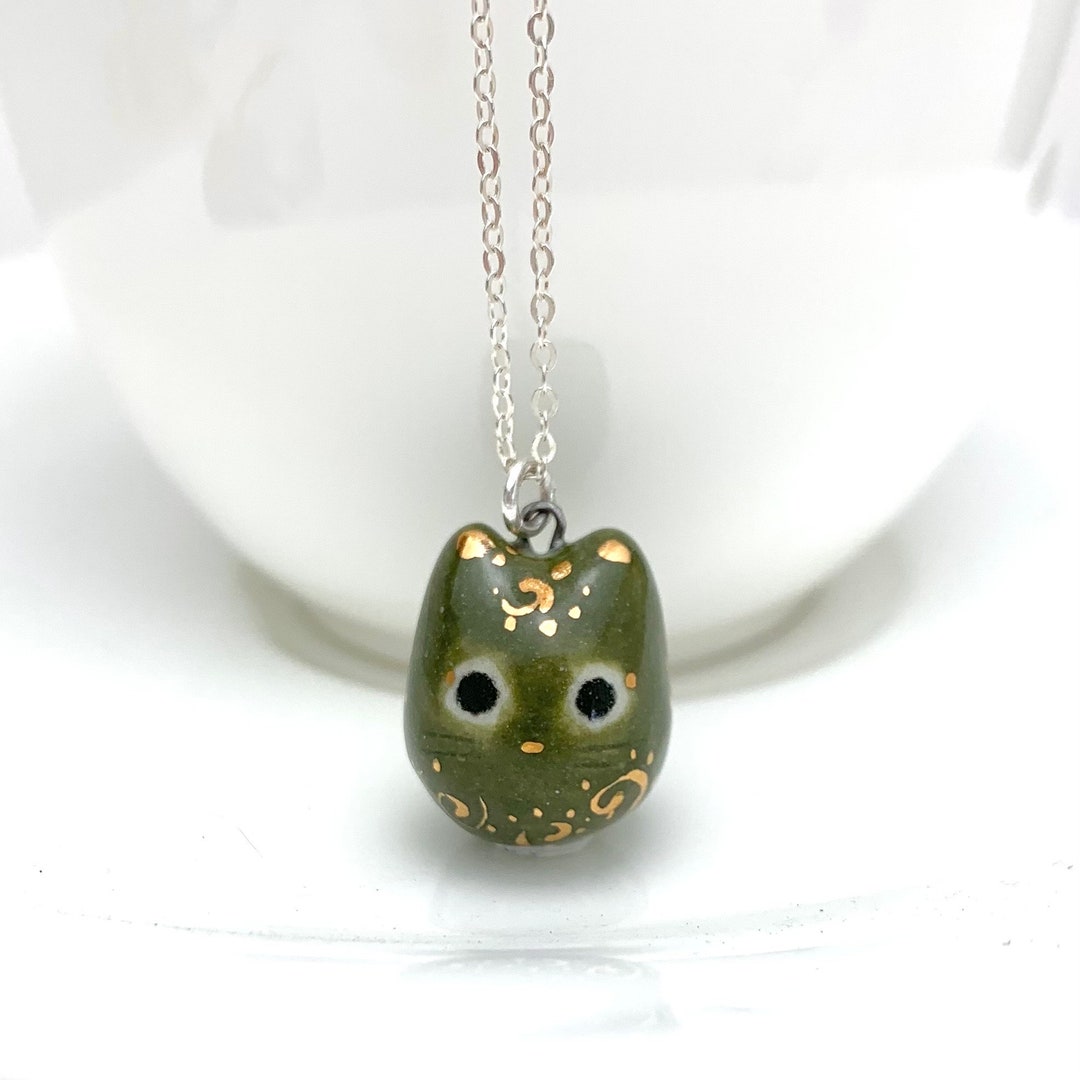 Moss Cat Necklace, Olive Green Porcelain Pendant Jewelry, Cottagecore ...