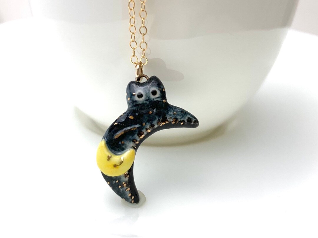 Night Cat Moon Cat Necklace | Porcelain Cat Pendant | Celestial Jewelry ...