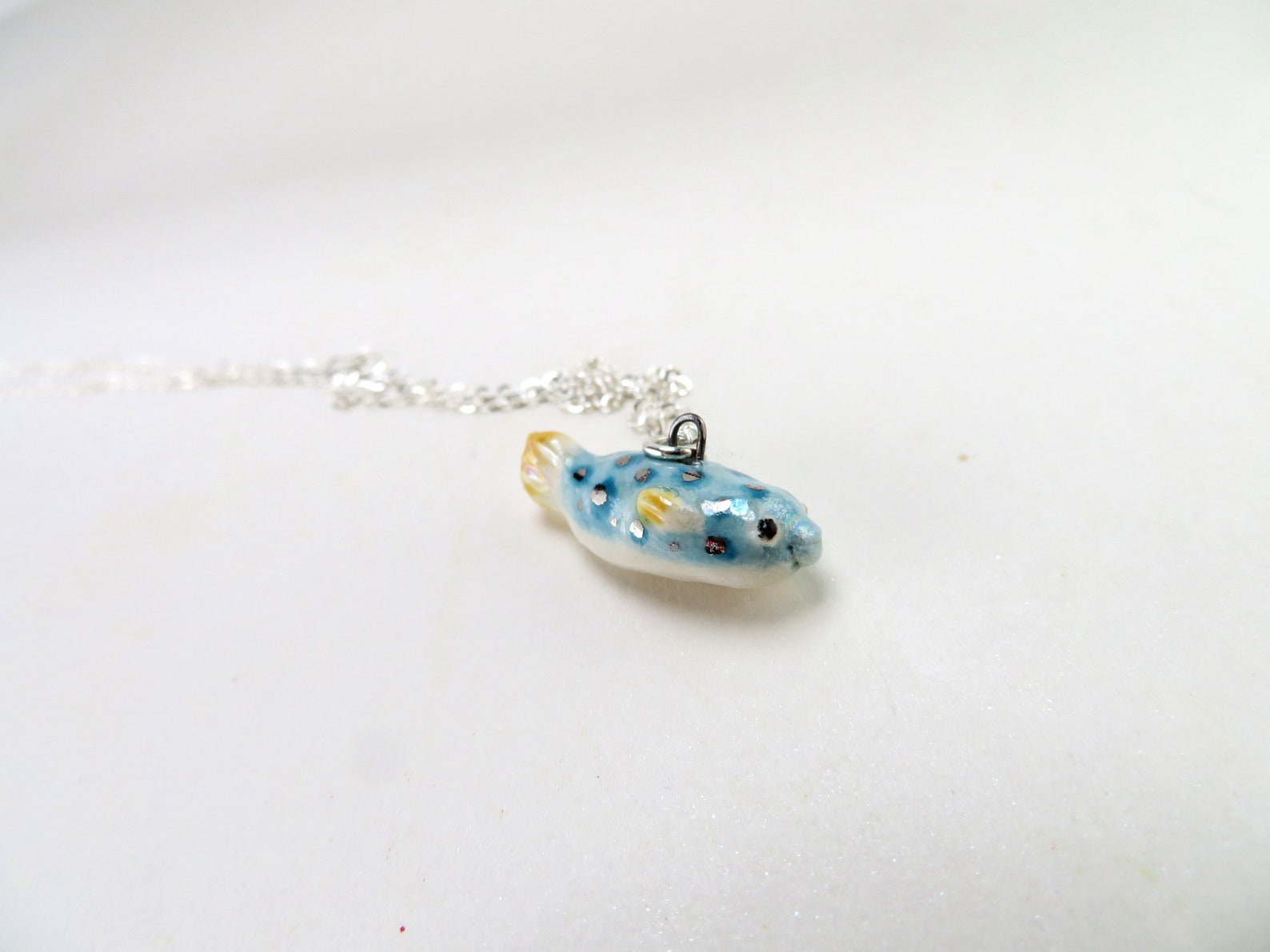 Tiny Puffer Fish Necklace, Blue Fish Charm, Ocean Lover Gift, Ceramic ...