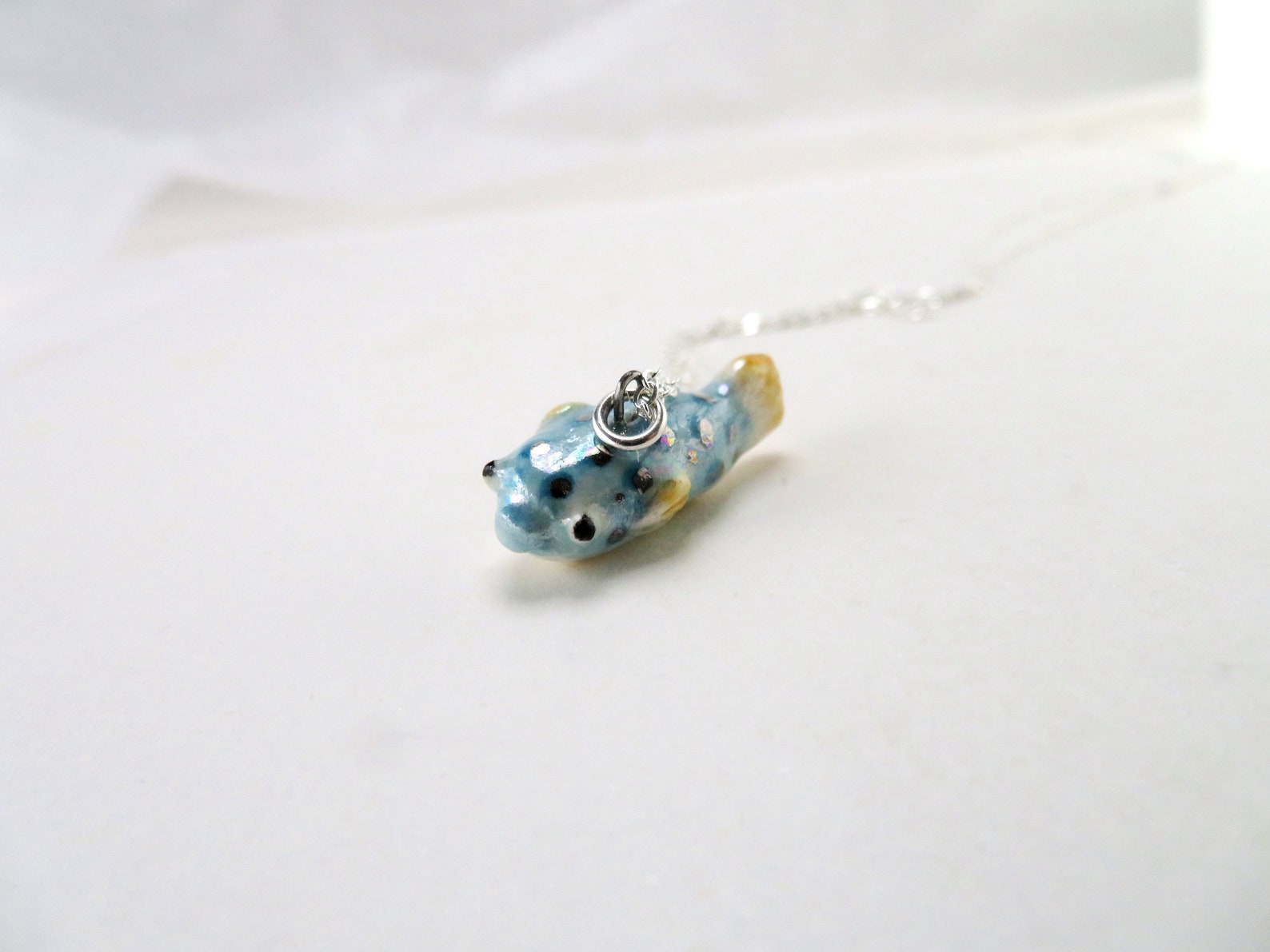 Tiny Puffer Fish Necklace, Blue Fish Charm, Ocean Lover Gift, Ceramic ...