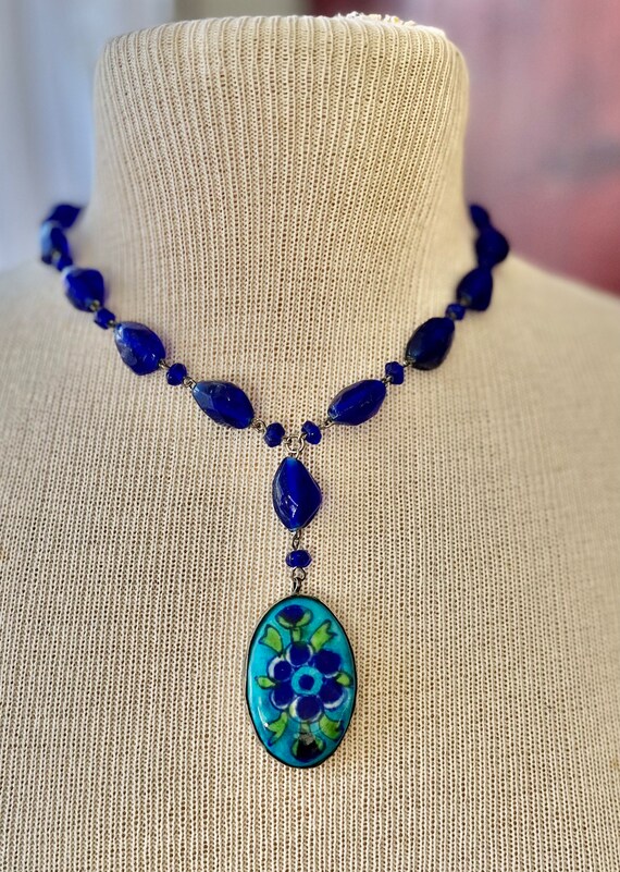 Antique Pottery Shard Necklace Cobalt Blue Glass Beads - Gem